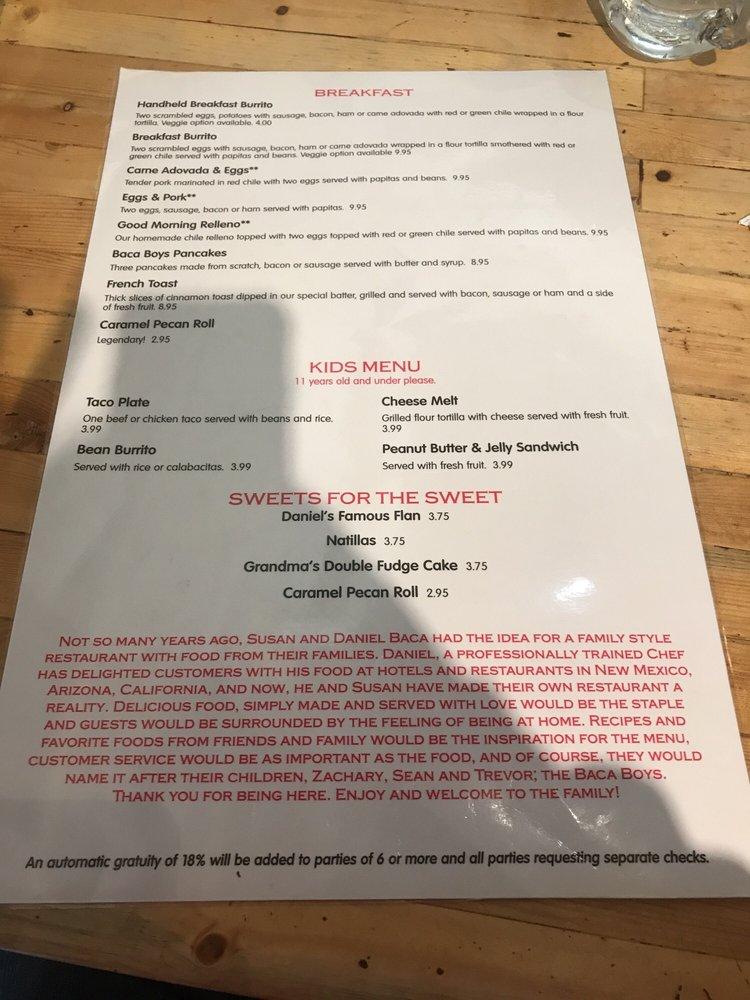 Menu at Baca Boys Cafe, Albuquerque