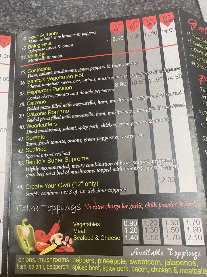 Menu at Benitos fast food, Sheffield