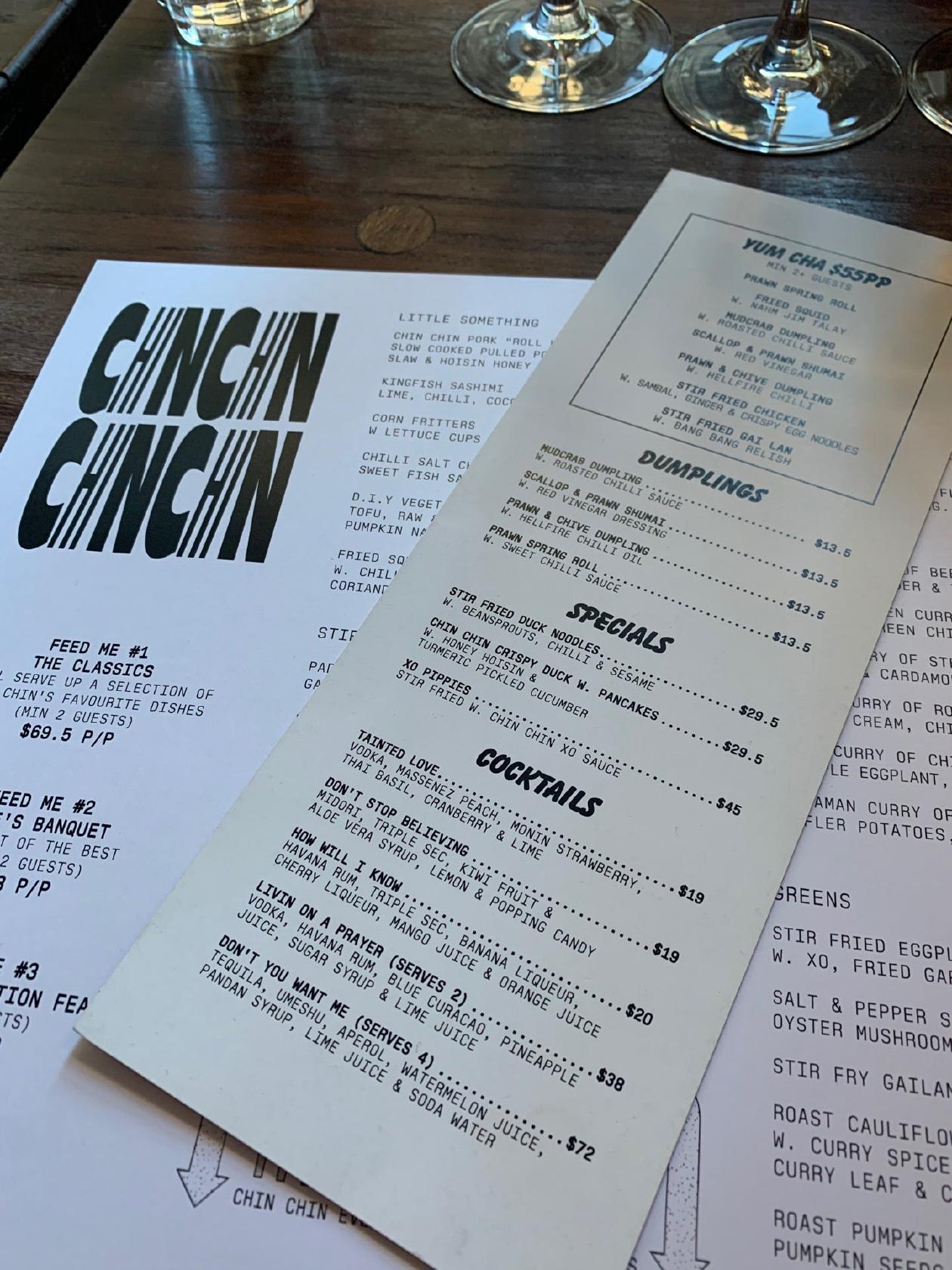 Menu at Chin Chin restaurant, Surry Hills