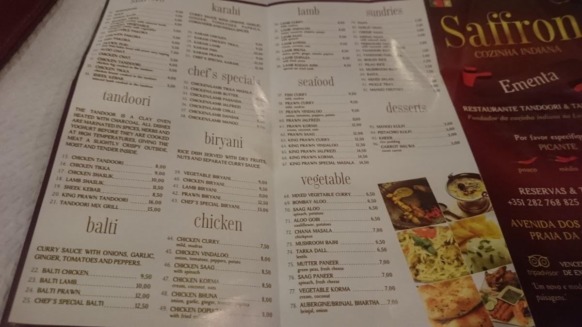 Menu at Saffron restaurant, Praia da Luz