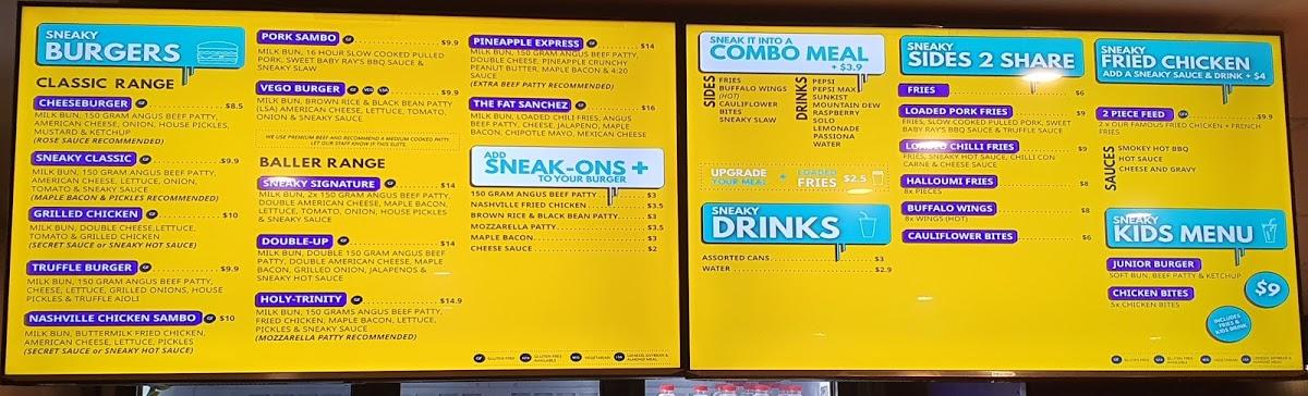 Menu at Sneaky Burger Nowra restaurant, Nowra