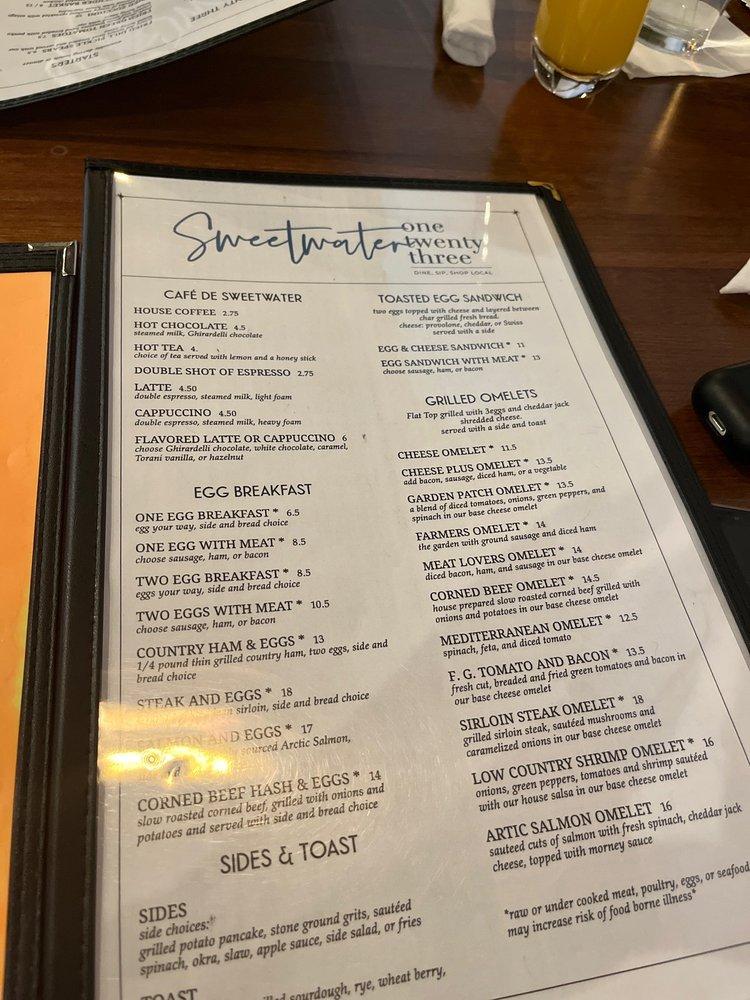 Menu at Sweetwater One Twenty Three restaurant, Summerville