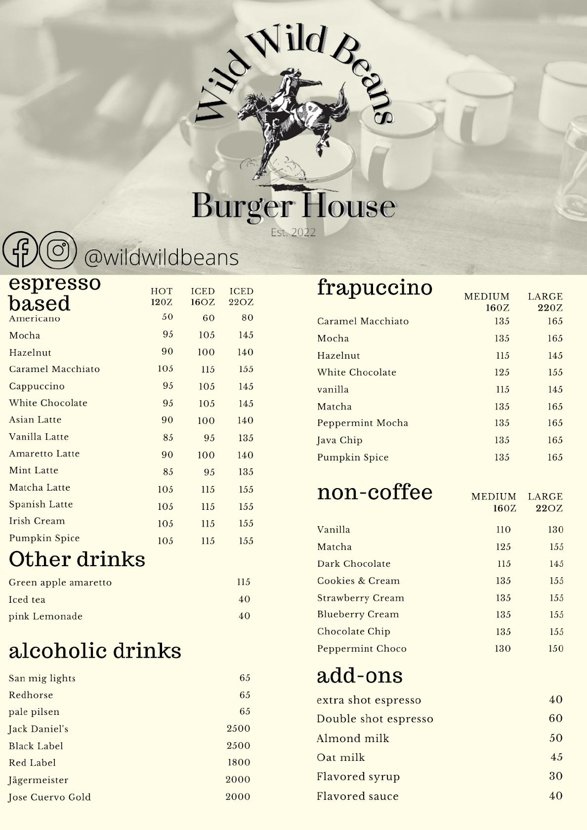 Menu at Wild Wild Beans X Burger House restaurant, Bay