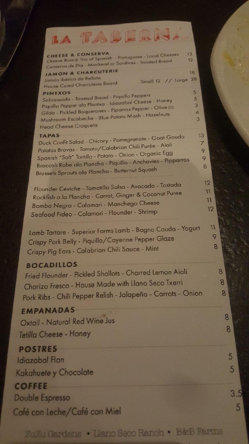 Menu at La Taberna pub & bar, Napa