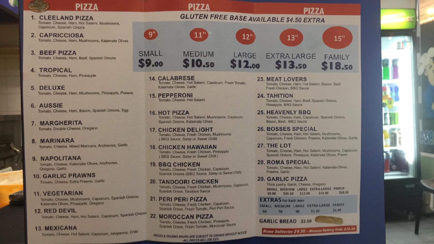 Menu at Cleeland Pizza House pizzeria, Dandenong
