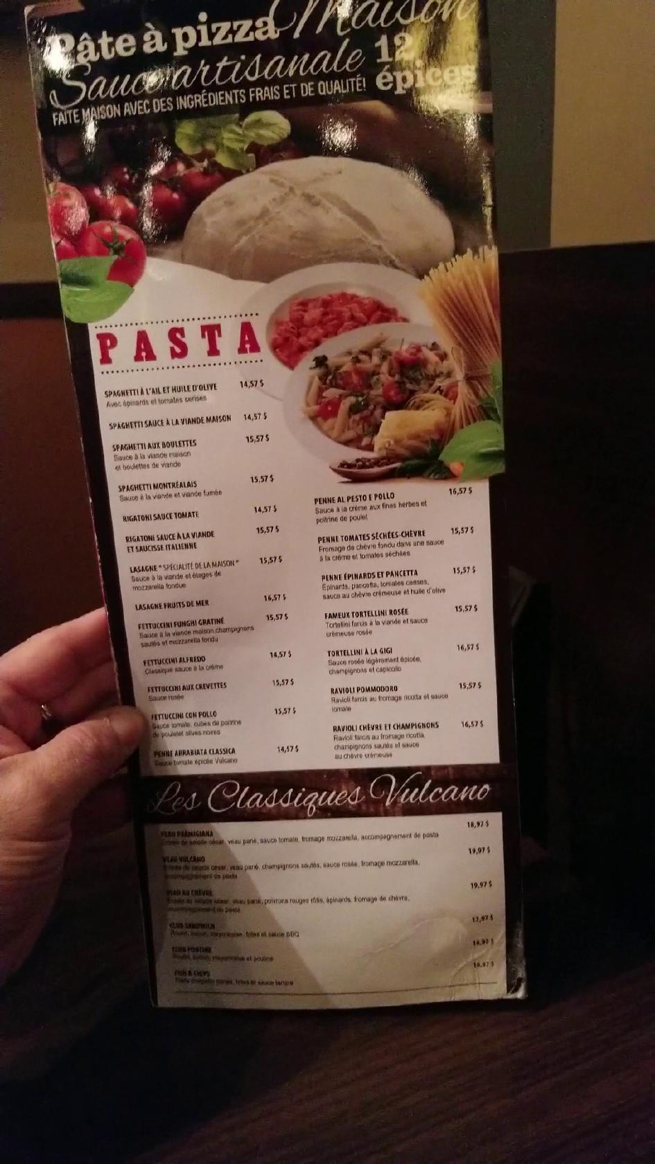 Menu au Restaurant Vulcano, Mascouche