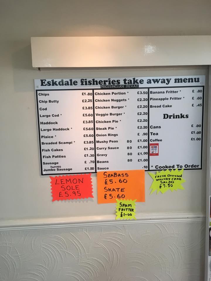 Menu at Eskdale Fisheries fast food, Whitby