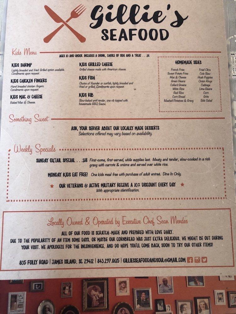 Menu at Gillie's Seafood restaurant, Charleston