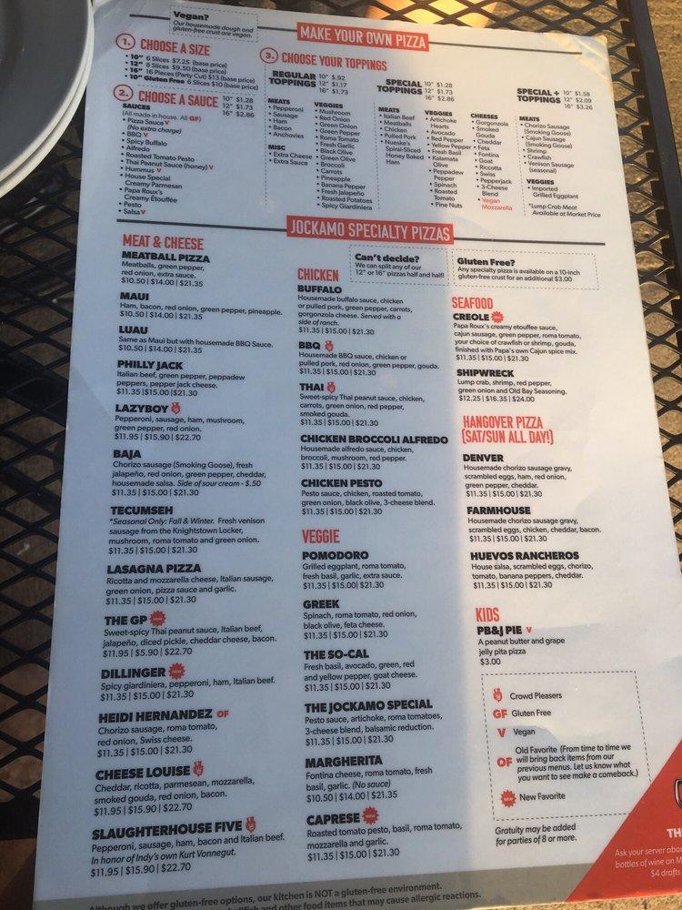 Menu at Jockamo Upper Crust Pizza pub & bar, Greenwood, 401 Market Plaza
