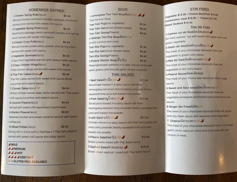 Menu at Kang Thai restaurant, Bendigo, 283 Lyttleton Terrace