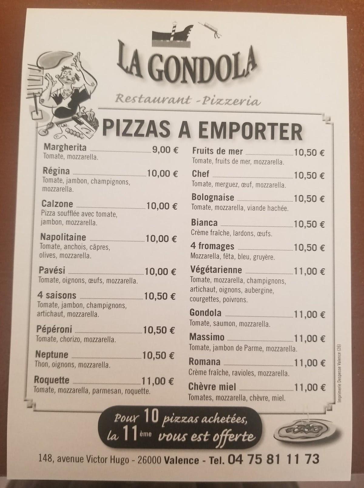 Menu au La Gondola pizzeria, Valence