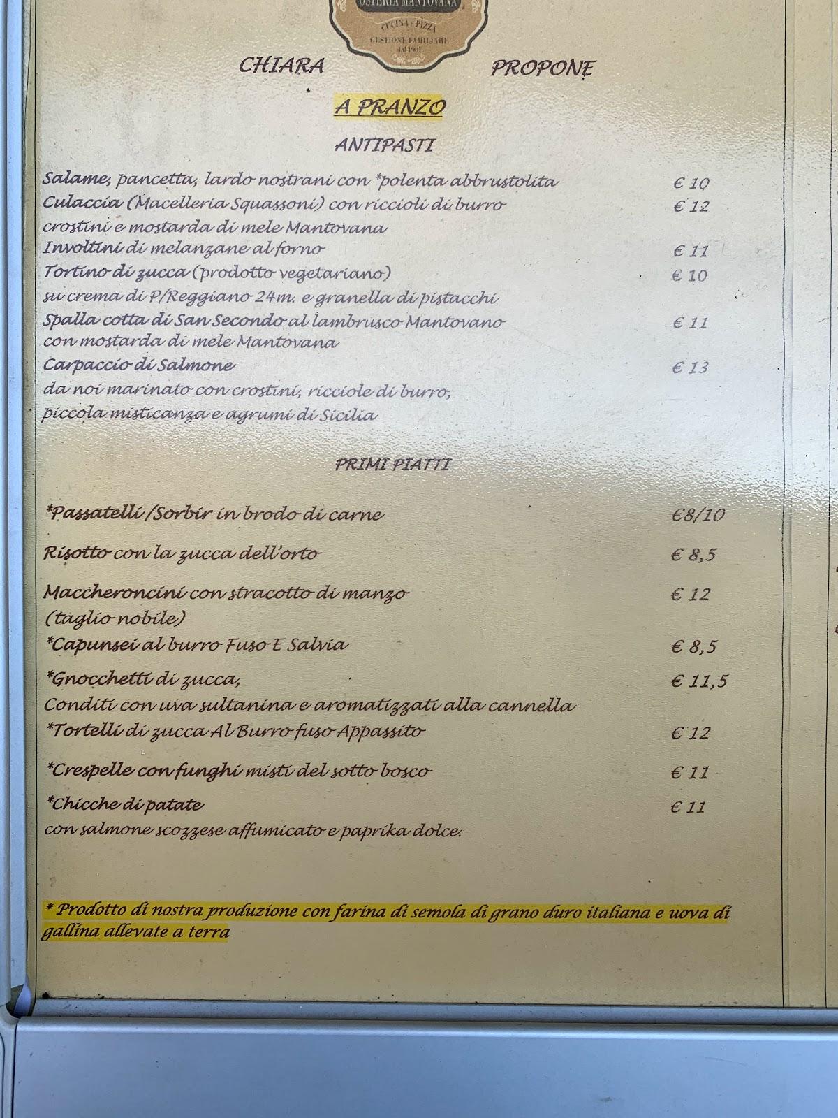 Menu at Osteria La Bottega restaurant, Mantua, Via Filippo Corridoni