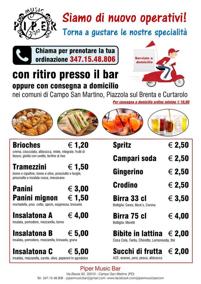Menu da Piper Music Bar, Campo San Martino