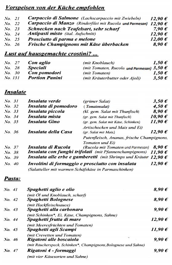 Menu at Casa Nonna restaurant, Solingen