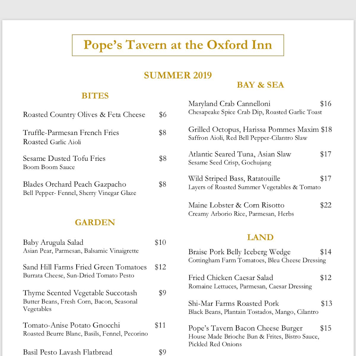 Menu at Pope's Tavern pub & bar, Oxford, 504 S Morris St