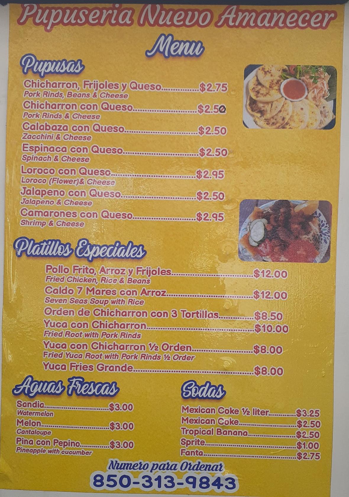 Carta del restaurante Pupuseria nuevo amanecer, Pensacola