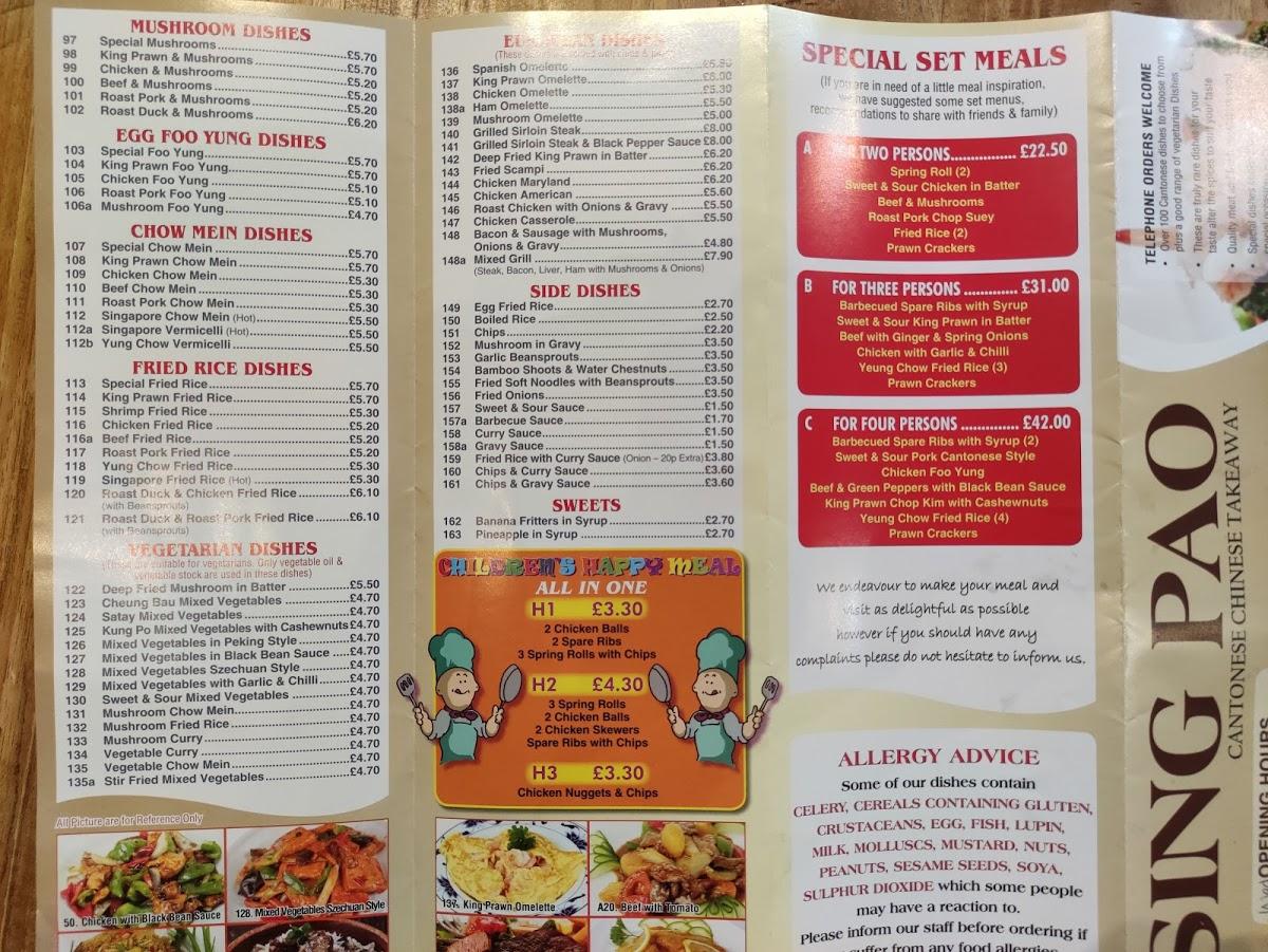 Menu at Sing Pao Chinese restaurant, Binbrook