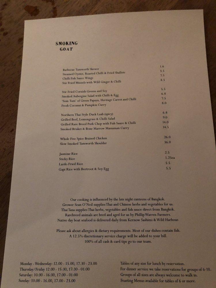 Menu at Smoking Goat Shoreditch pub & bar, London, 64 Shoreditch High St