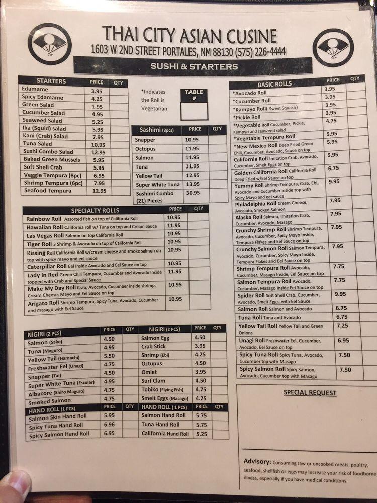 Menu at Thai City restaurant, Portales