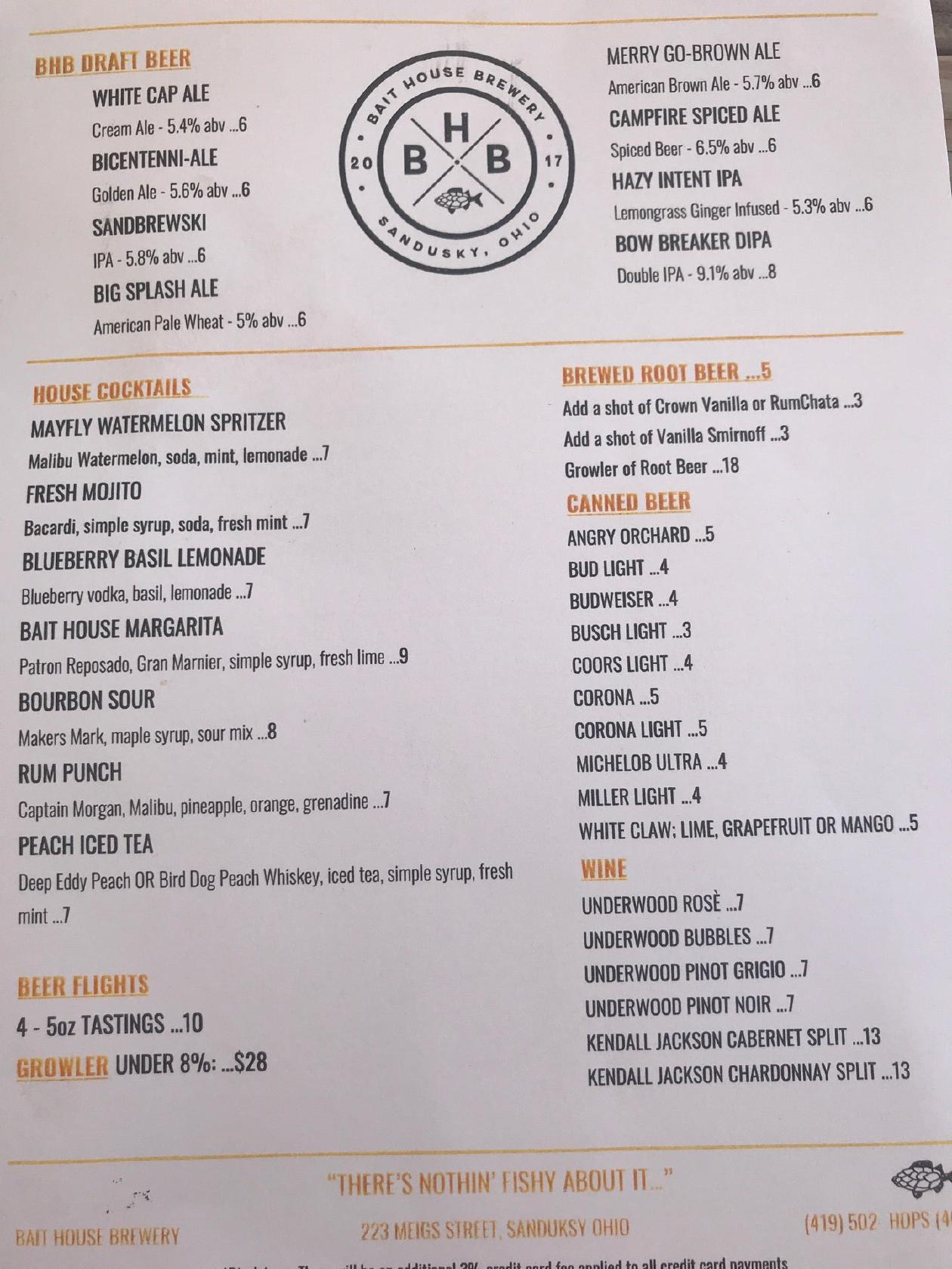 Menu at Bait House Brewery restaurant, Sandusky