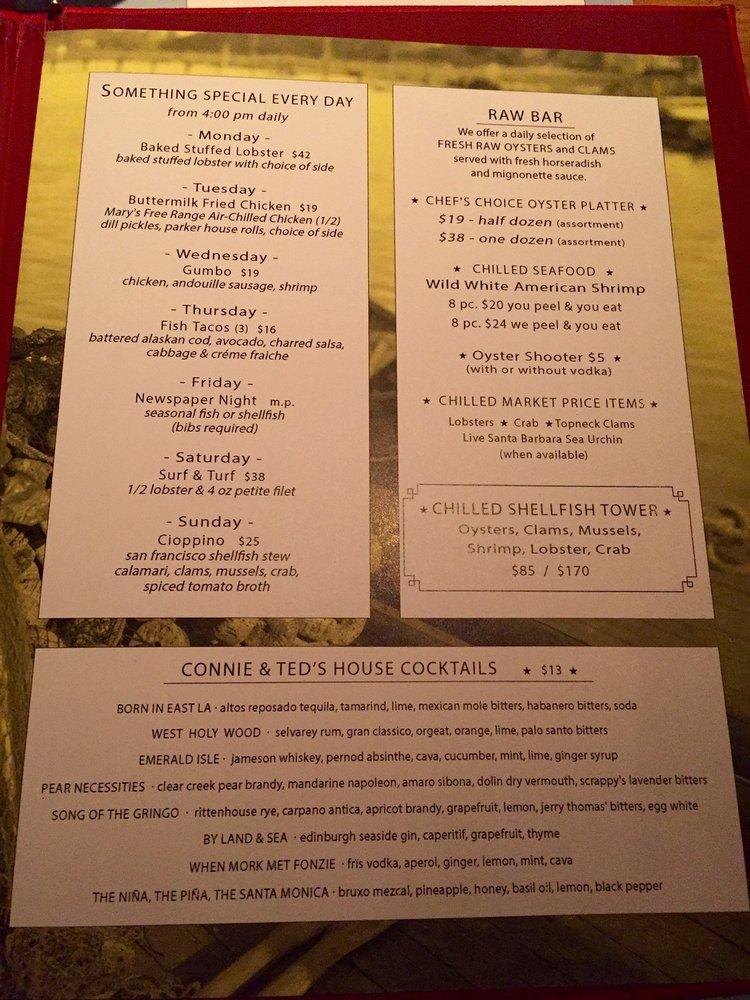 Menu at Connie and Ted's restaurant, West Hollywood