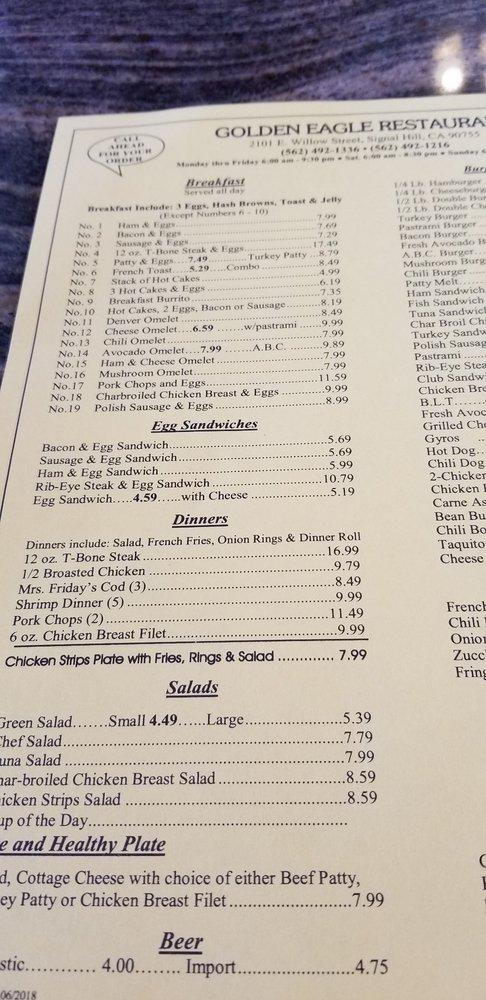 Menu at Golden Eagle Restaurant, Signal Hill
