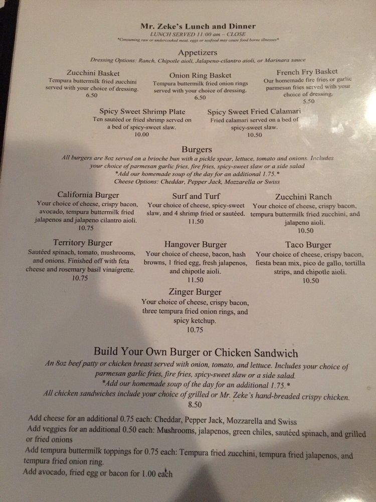 Menu at Mr. Zeke’s Restaurant, Pinetop-Lakeside