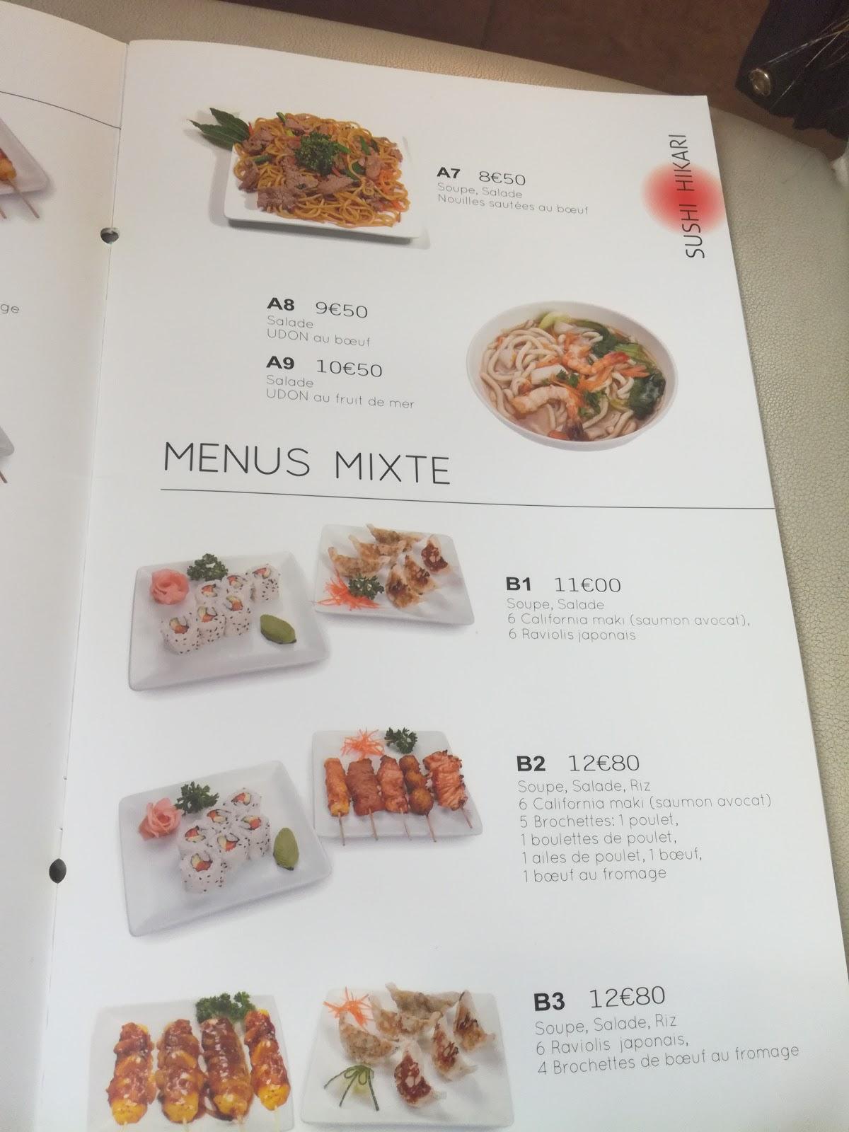 Menu at Sushi Hikari restaurant, Bagneux