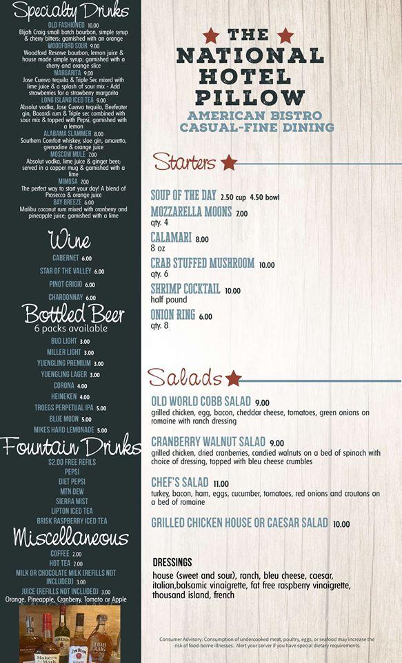 Menu at The National Hotel Pillow Call for Reservations restaurant, Pillow