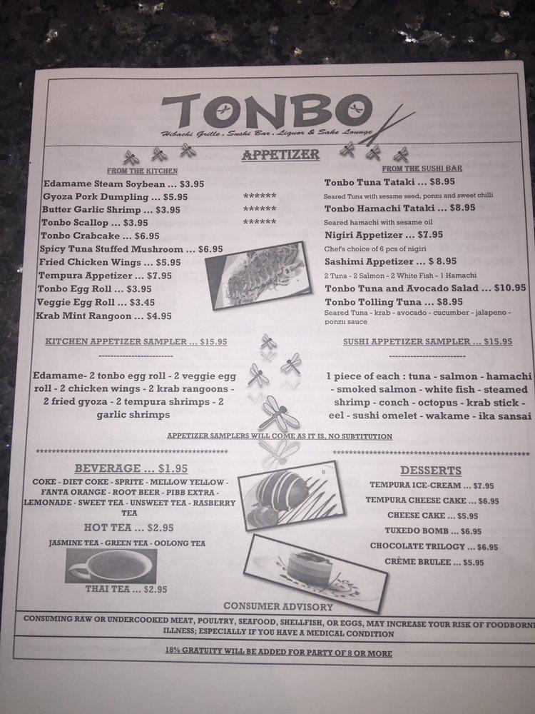 Menu at Tonbo Hibachi Grille restaurant, Port Richey, U.S. Hwy 19