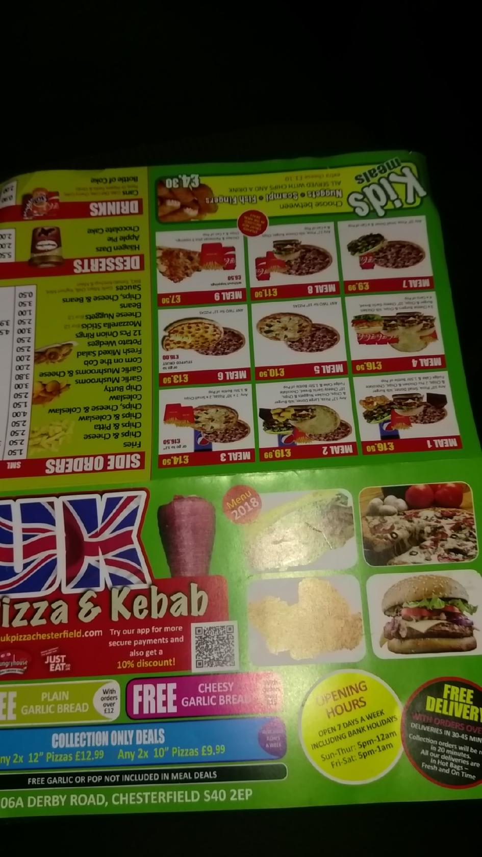 Menu at UK Pizza pizzeria, Chesterfield