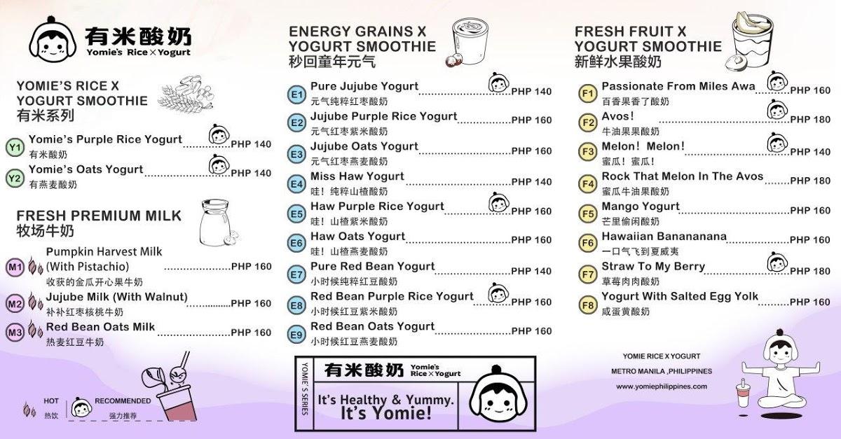 Menu at Yomie's Rice x Yogurt Banawe cafe, Quezon City