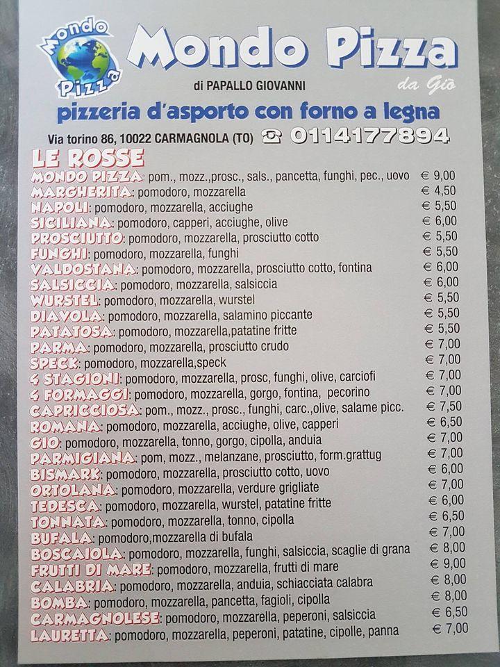 Menu da Mondo pizza Carmagnola ristorante, Carmagnola