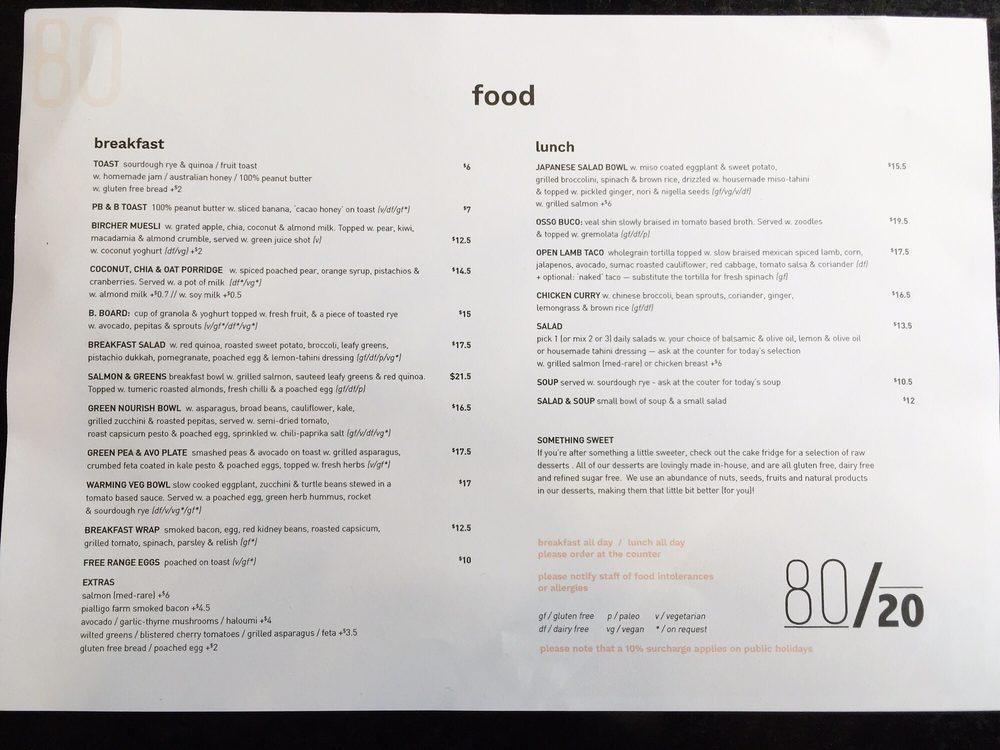 Menu at Eighty/Twenty Food Braddon restaurant, Braddon