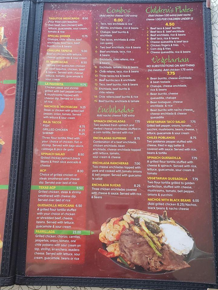Menu at El Michoacan Mexican restaurant, Gaffney