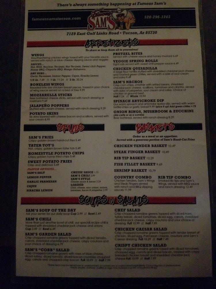 Menu at Famous Sam's on Golf Links pub & bar, Tucson, E Golf Links Rd