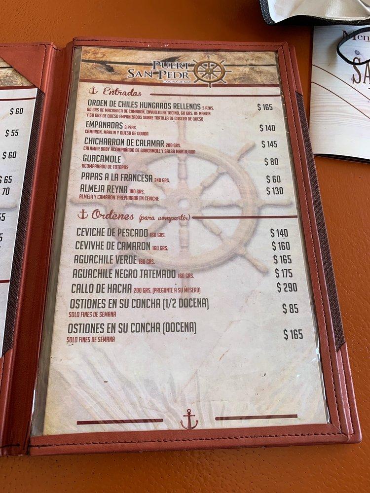Menu at Mariscos Puerto San Pedro restaurant, Tlaquepaque