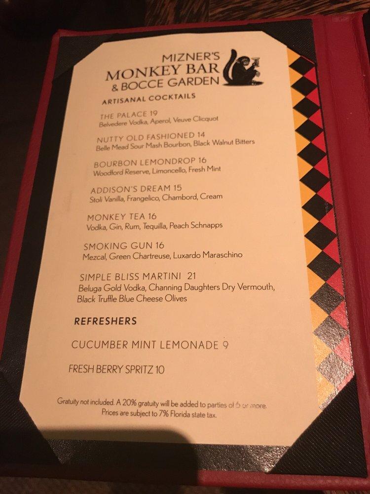 Menu at Mizner's Monkey Bar, Boca Raton