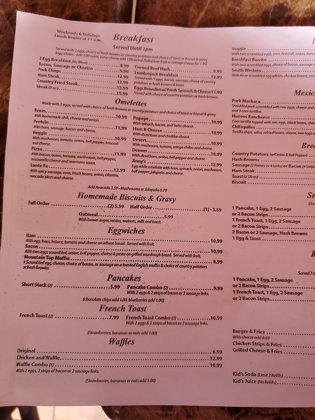 Menu at Mountain Top Cafe, Phelan, CA-138