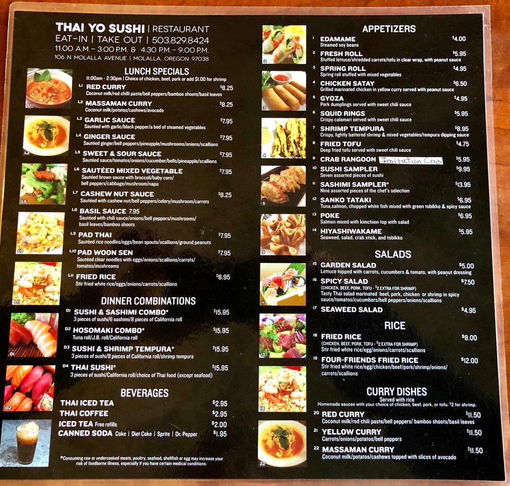 Menu at Thai yo Sushi restaurant, Molalla