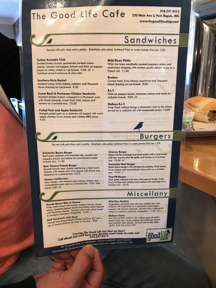 Menu at The Good Life Cafe, Park Rapids