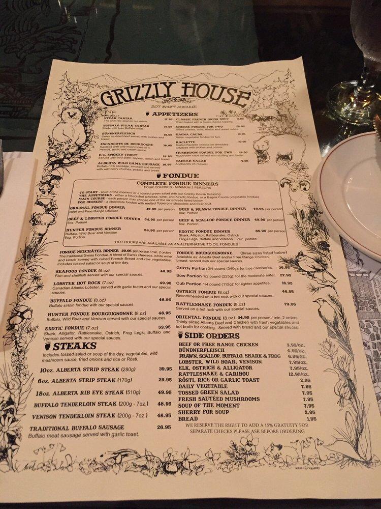 Menu at The Grizzly House restaurant, Banff
