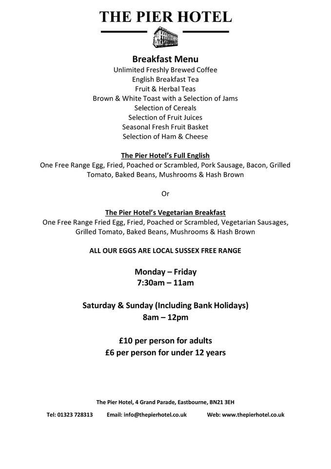 Menu at The Pier Hotel pub & bar, Eastbourne