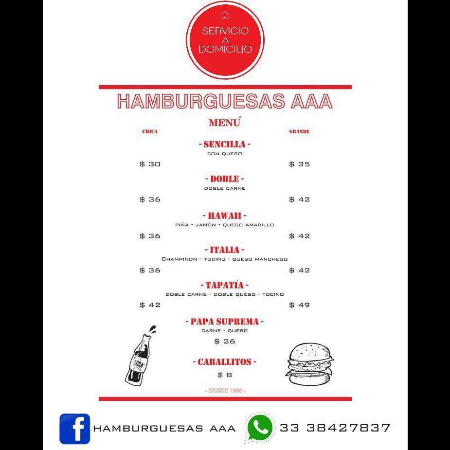 Menu at HAMBURGUESAS AAA restaurant, Guadalajara