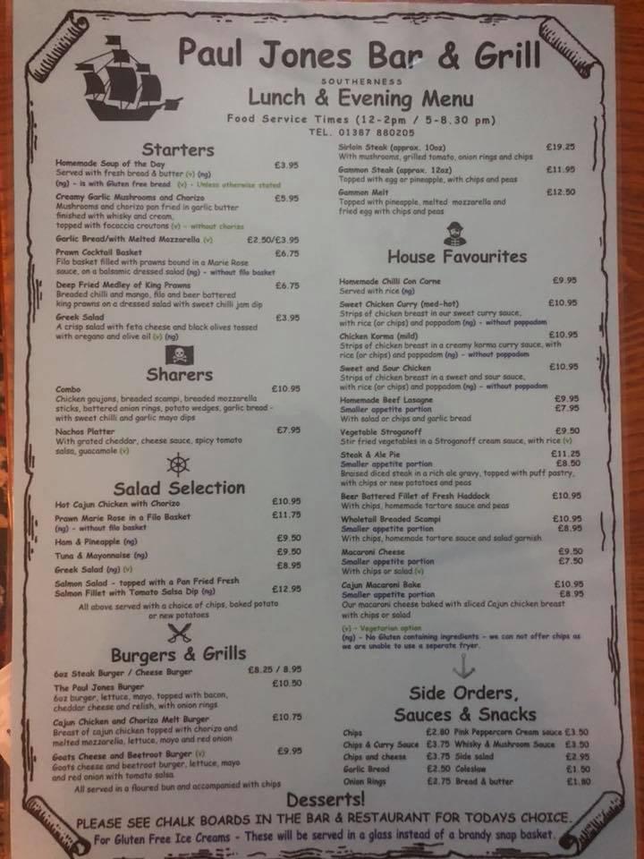 Menu at Paul Jones Hotel pub & bar, England