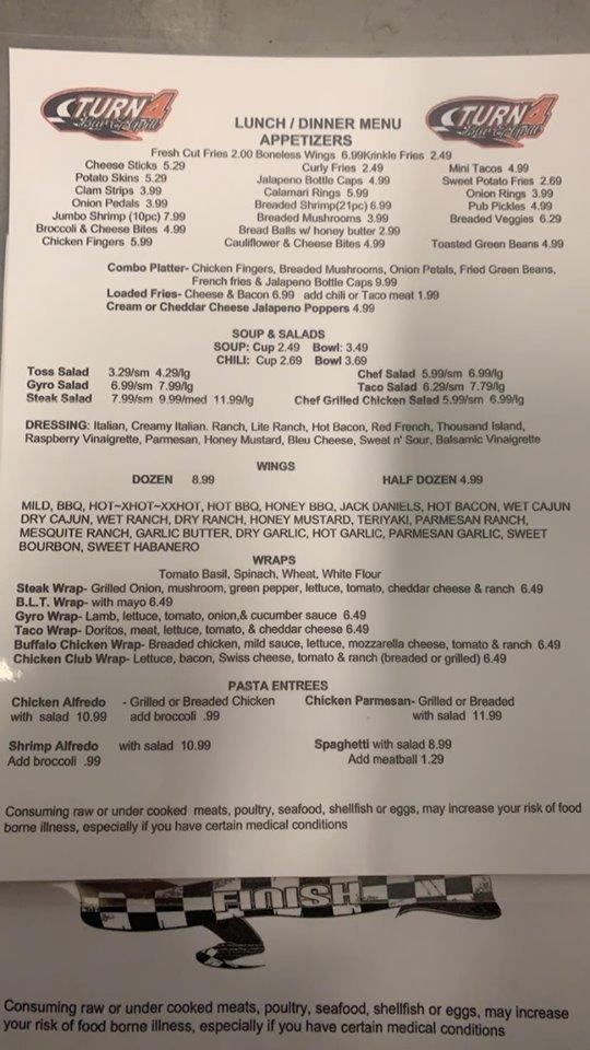 Menu at Turn 4 Bar, Orwell