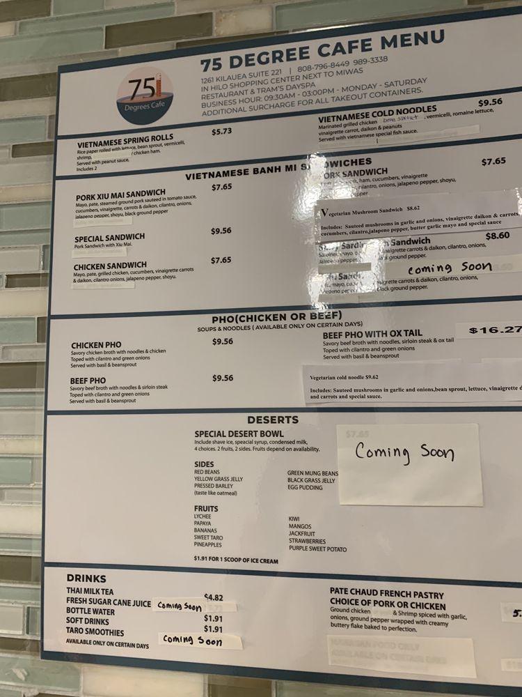 Menu at 75 Degrees cafe, Hilo