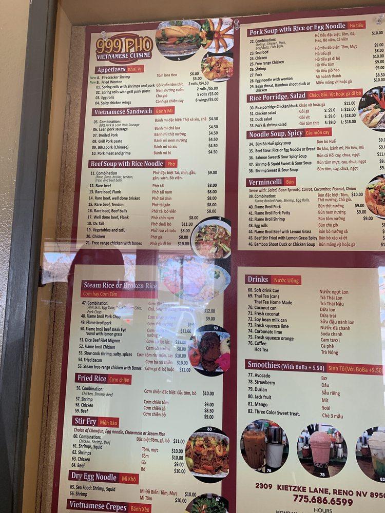 Menu at 999 Phở restaurant, Reno, Kietzke Ln