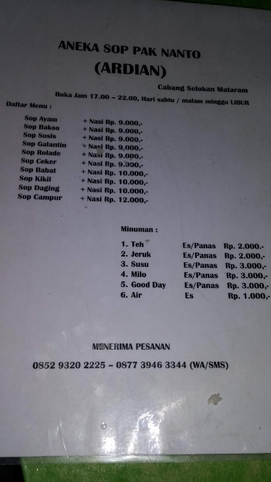 Menu at Aneka Sop Pak Nanto restaurant, Sendangadi
