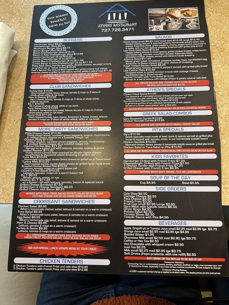 Menu at Athens Restaurant, Safety Harbor